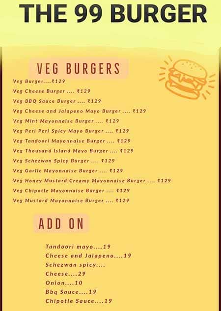 Menu of The 99 Burger, Marol, Mumbai