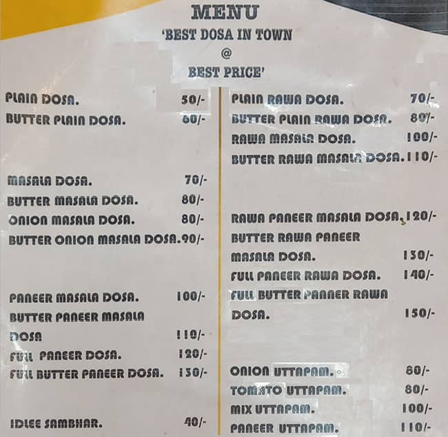 Menu at Madras Dosa House, Patna, Patna