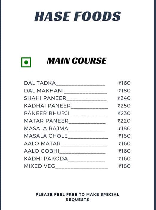 Menu of Hase Foods, Janakpuri, New Delhi