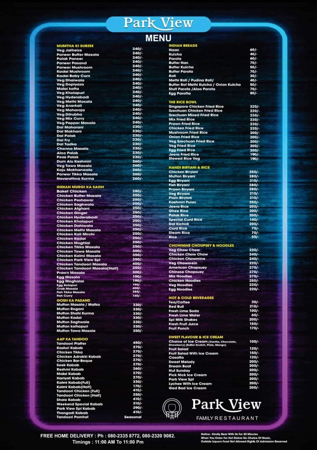 Menu of Park View Restaurant, Vijay Nagar, Bangalore