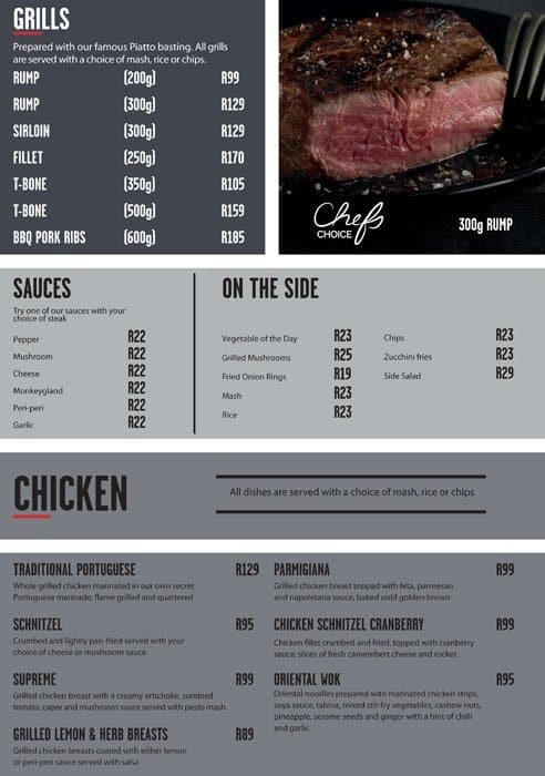 Menu at Piatto Eastgate restaurant, Johannesburg, Eastgate Shopping Centre