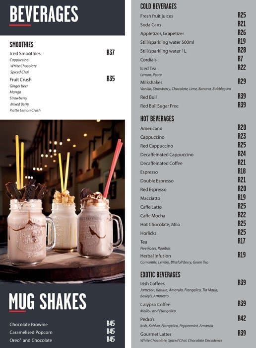 Menu au Piatto restaurant, Johannesburg, Eastgate Shopping Centre