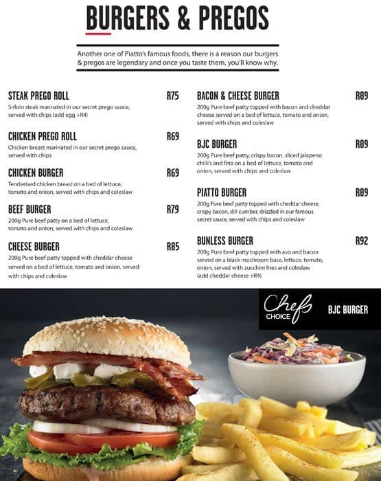 Menu at Piatto Eastgate restaurant, Johannesburg, Eastgate Shopping Centre