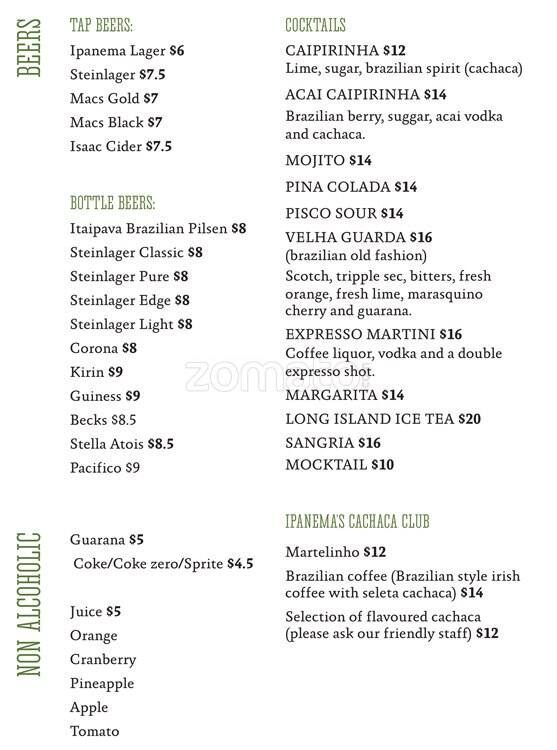 Menu at Ipanema pub & bar, Auckland