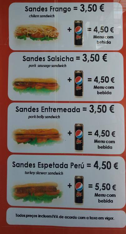 Menu at Frango da Expo Gare do Oriente restaurant, Lisbon