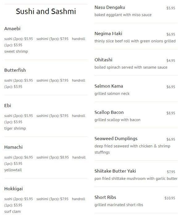 Menu at New Generation Sushi restaurant, Toronto, 493 Bloor St W