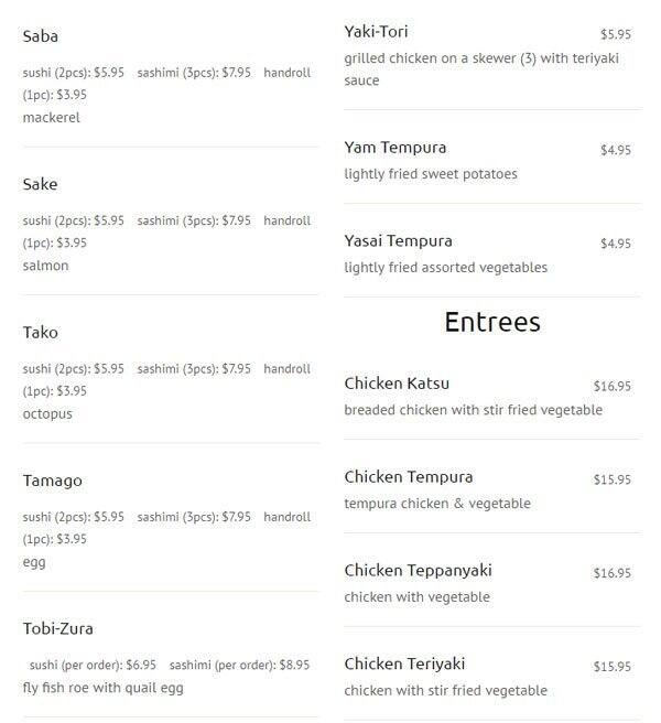 Menu at New Generation Sushi restaurant, Toronto, 493 Bloor St W