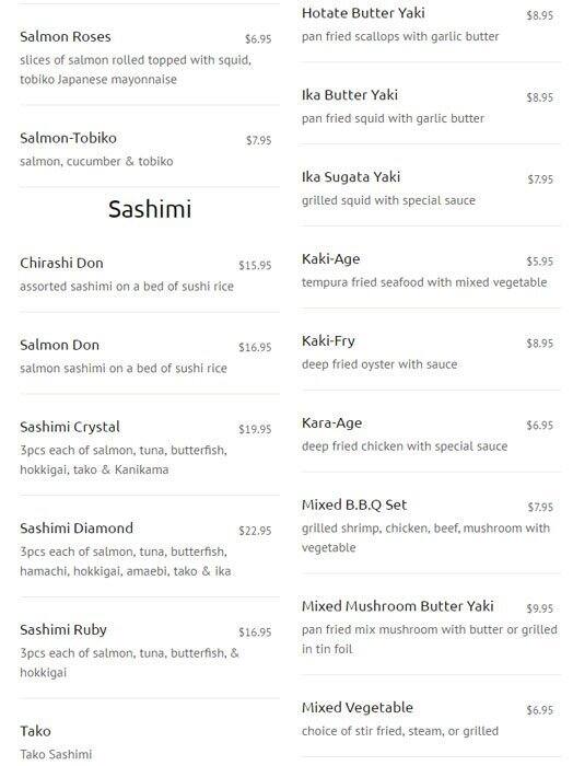 Menu at New Generation Sushi restaurant, Toronto, 493 Bloor St W