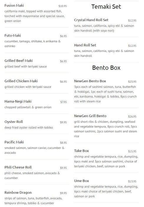 Menu at New Generation Sushi restaurant, Toronto, 493 Bloor St W