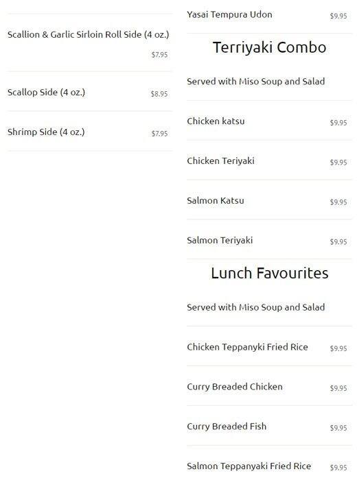 Menu at New Generation Sushi restaurant, Toronto, 493 Bloor St W
