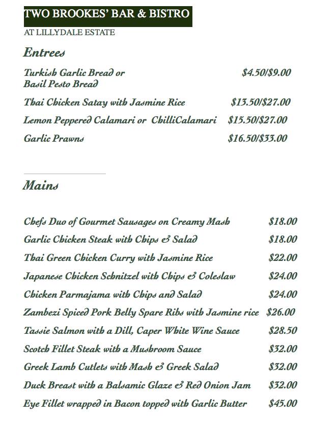 Menu at Two Brookes Bar, Seville