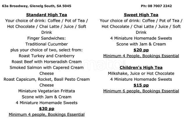 Menu at Mockingbird Lounge restaurant, Glenelg South