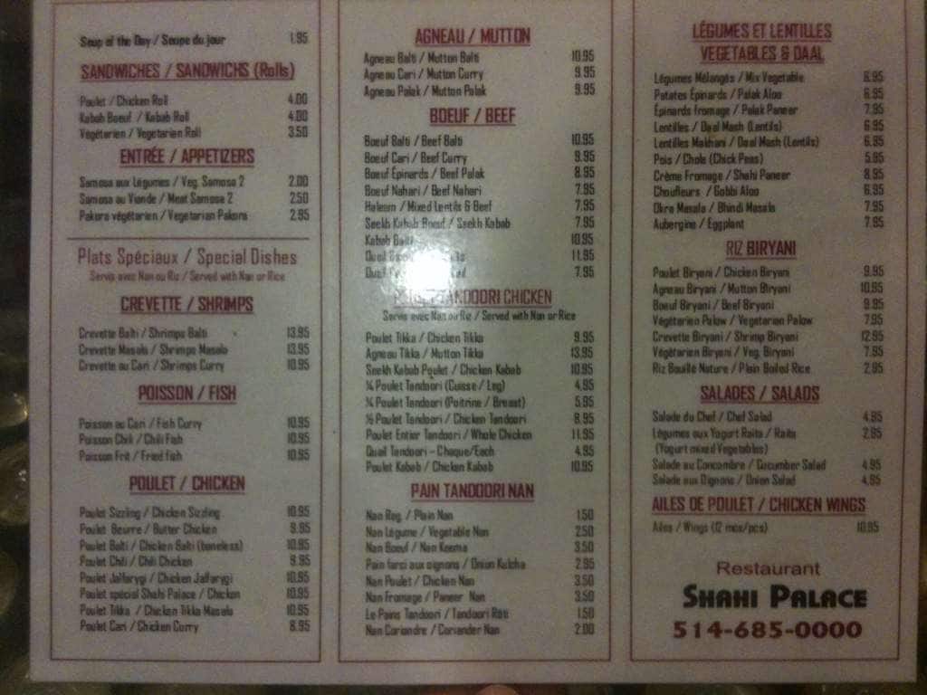 Menu at Shahi Palace Restaurant, Dollard-Des Ormeaux