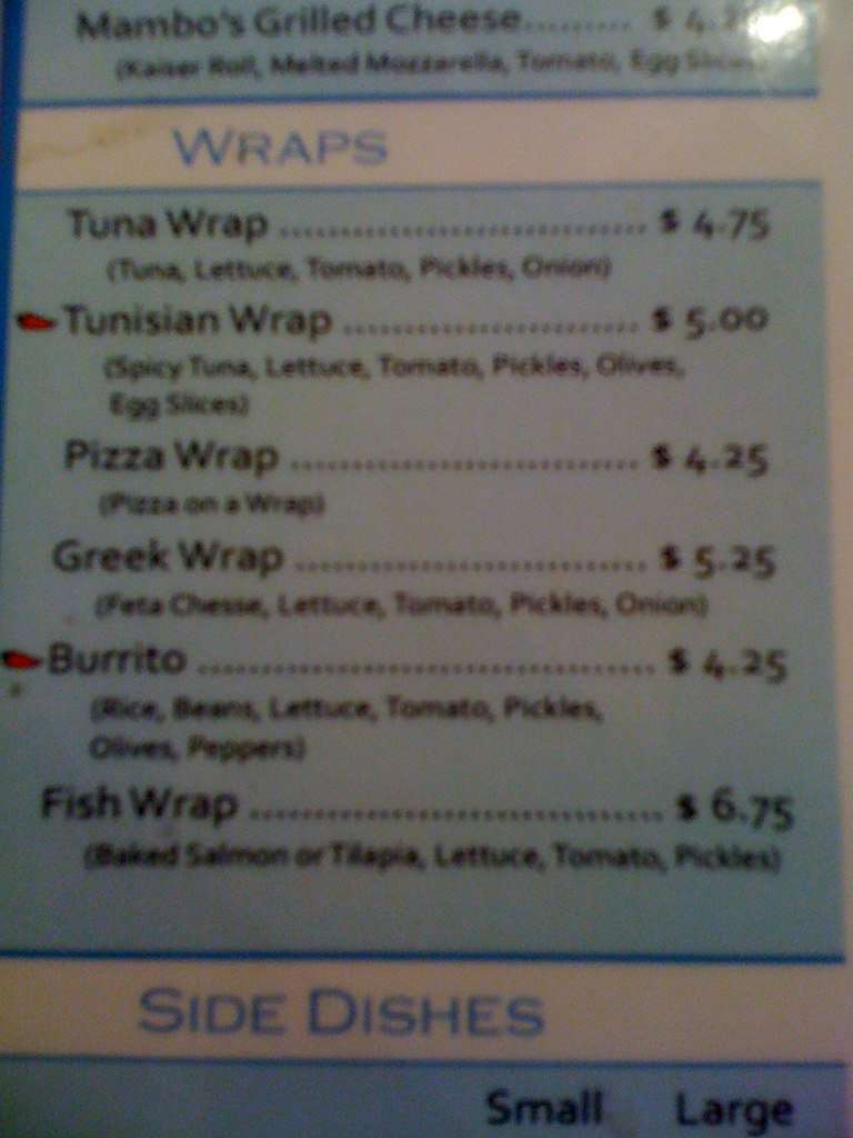 Menu au Mambo's Bistro, Montréal