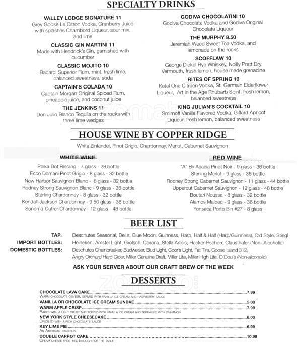 Menu at Valley Lodge Restaurant, Glenview