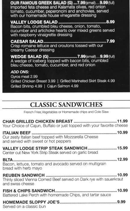 Menu at Valley Lodge Restaurant, Glenview