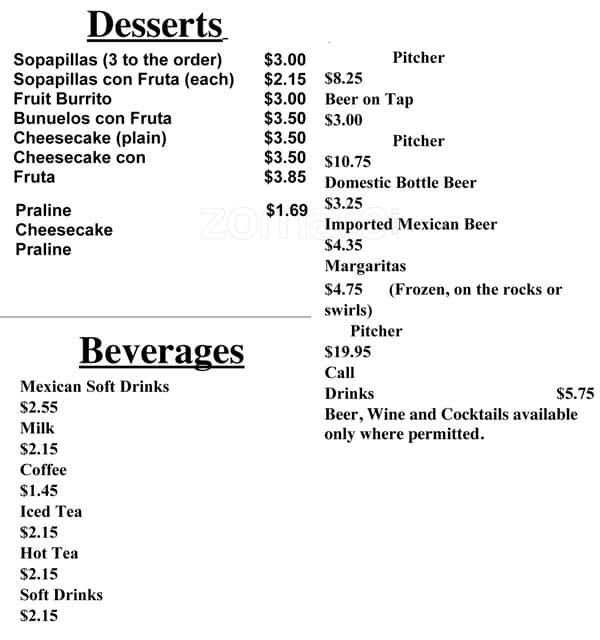 Menu at Pulido's restaurant, Benbrook, Benbrook Pkwy