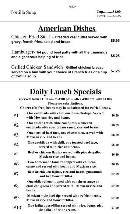 Menu at Pulido's restaurant, Benbrook, Benbrook Pkwy