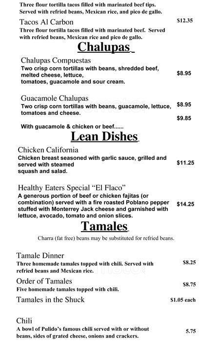 Menu at Pulido's restaurant, Benbrook, Benbrook Pkwy