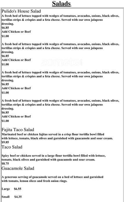 Menu at Pulido's restaurant, Benbrook, Benbrook Pkwy
