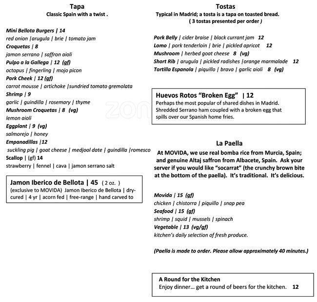 Menu at Movida pub & bar, Milwaukee