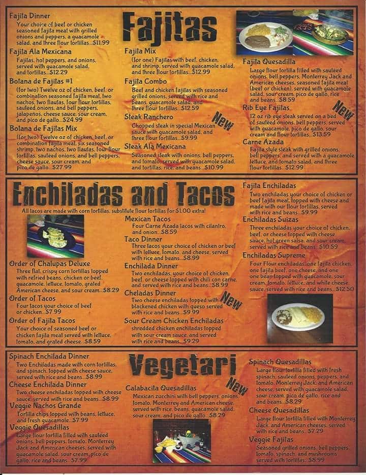 Menu at Medrano's restaurant, Ashdown