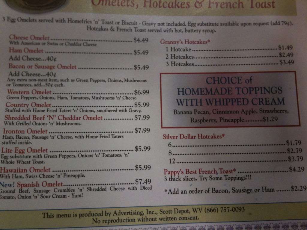 Menu at Peddlers home cooking restaurant, Ironton