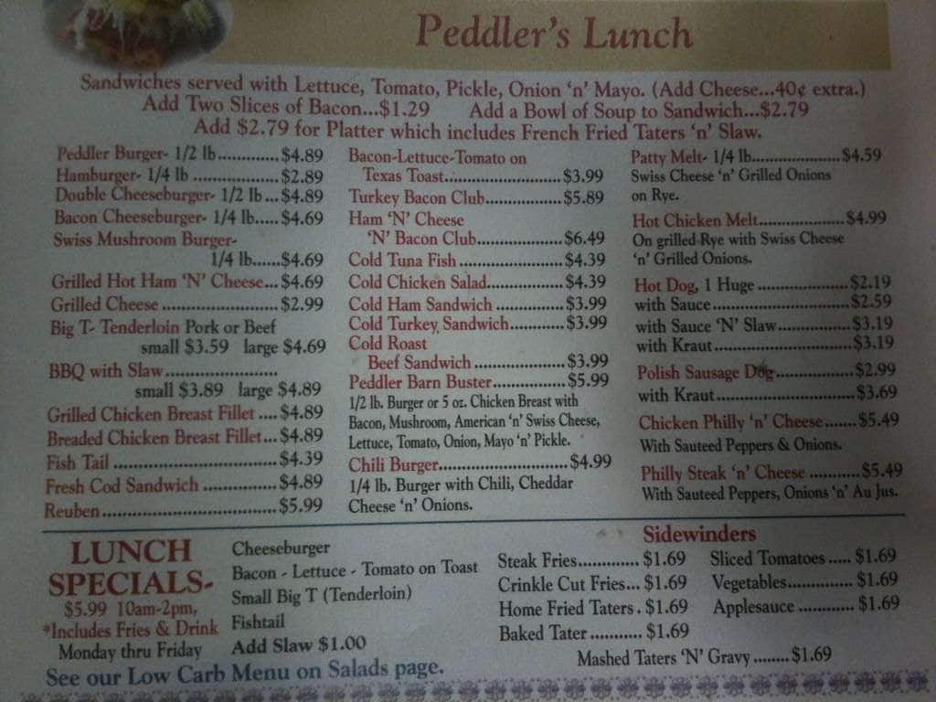 Menu at Peddlers home cooking restaurant, Ironton
