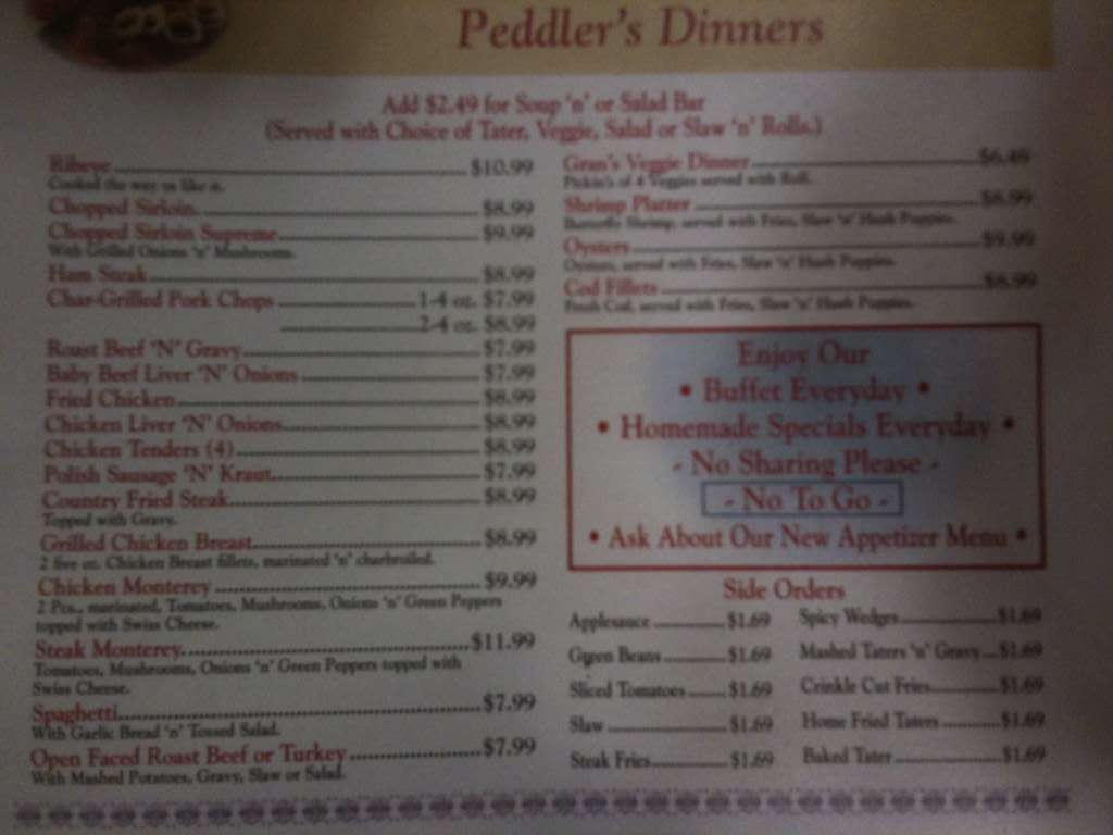 Menu at Peddlers home cooking restaurant, Ironton