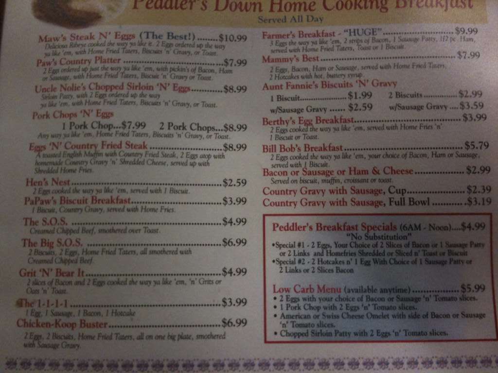 Menu at Peddlers home cooking restaurant, Ironton