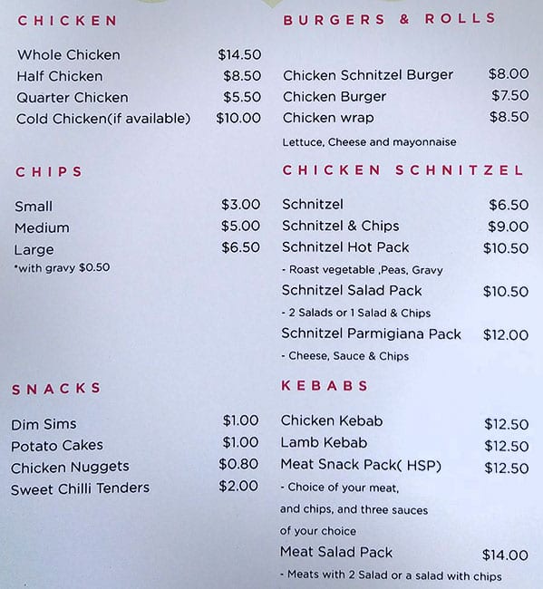 Menu at Knoxfield Chicken Bar, Knoxfield