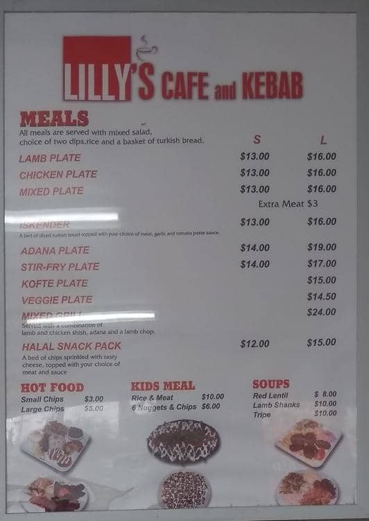 Menu at Lilly's Cafe and Kebab, Thomastown