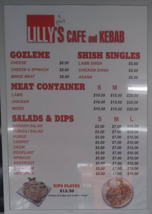 Menu at Lilly's Cafe and Kebab, Thomastown