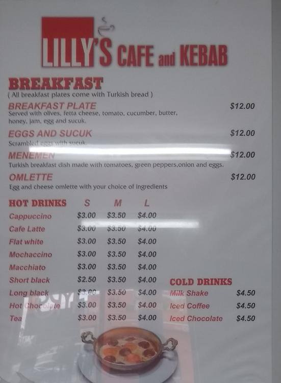 Menu at Lilly's Cafe and Kebab, Thomastown