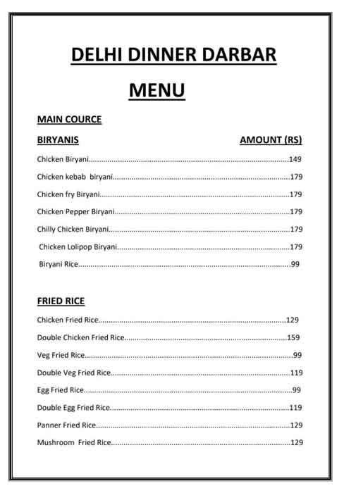 Menu of Delhi Dinner Darbar, Yeshwantpur, Bangalore