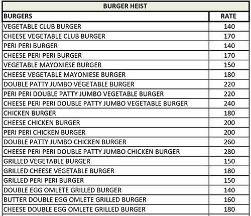 Menu of Burger Heist, Chembur, Mumbai