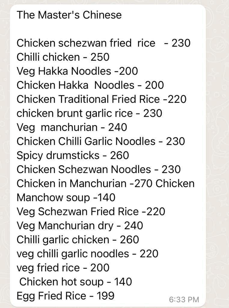 Menu of The Masters Chinese, Hadapsar, Pune