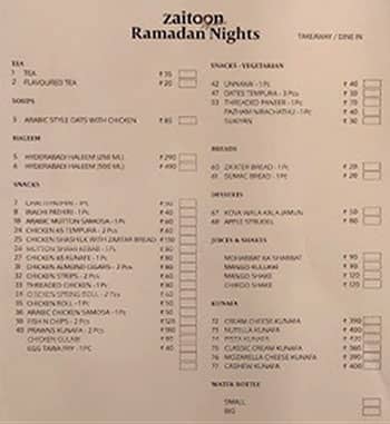 Menu of Zaitoon Signature, Nungambakkam, Chennai