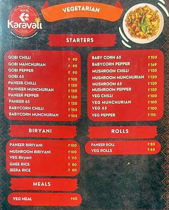 Menu of Hotel Karavali, RT Nagar, Bangalore