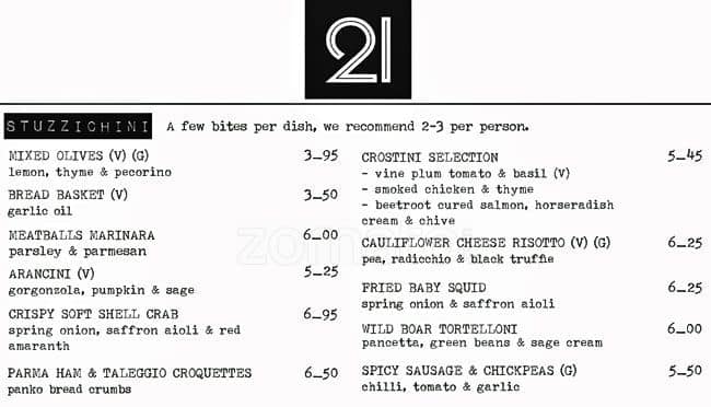 Menu at 21 Soho pizzeria, London