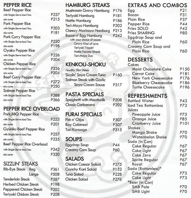 Menu at The Sizzlin Pepper Steak steakhouse, Pasay