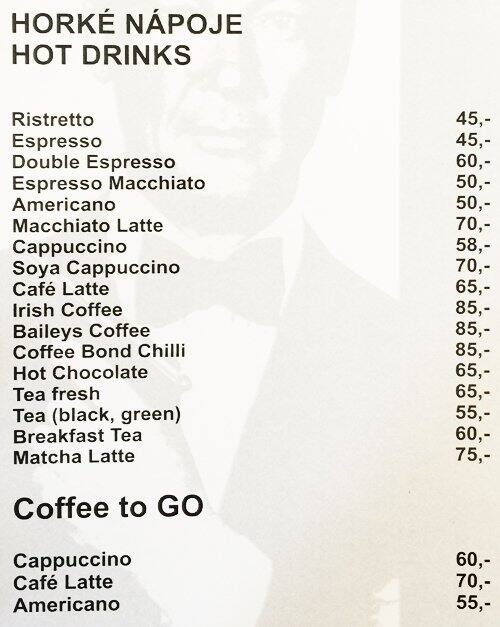 Menu at Bond Cafe, Prague