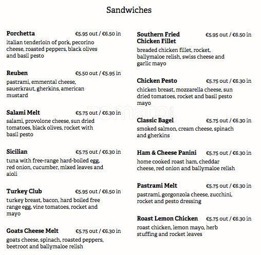 Menu at Cafe Sora, Dublin