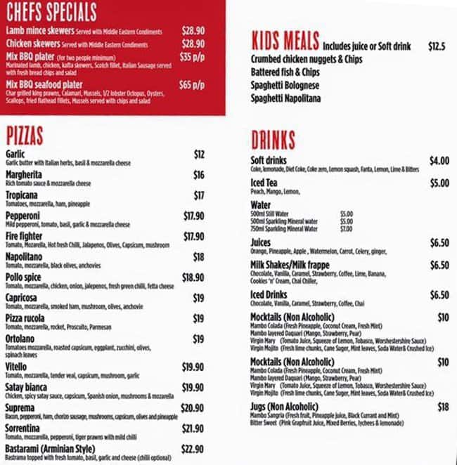 Menu at Cafe Mambo, Girraween