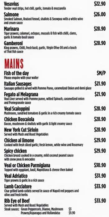 Menu at Cafe Mambo, Girraween