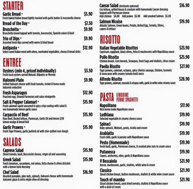 Menu at Cafe Mambo, Girraween