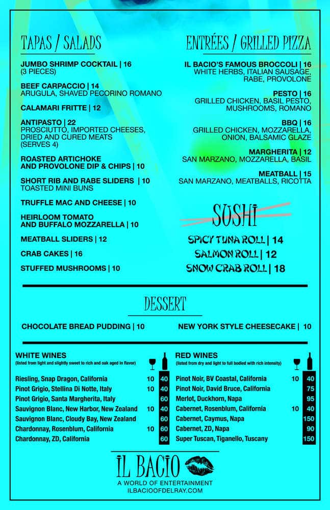 Menu at Il Bacio club, Delray Beach