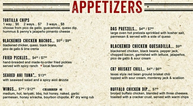 Menu at Charbar No. 7, Charlotte