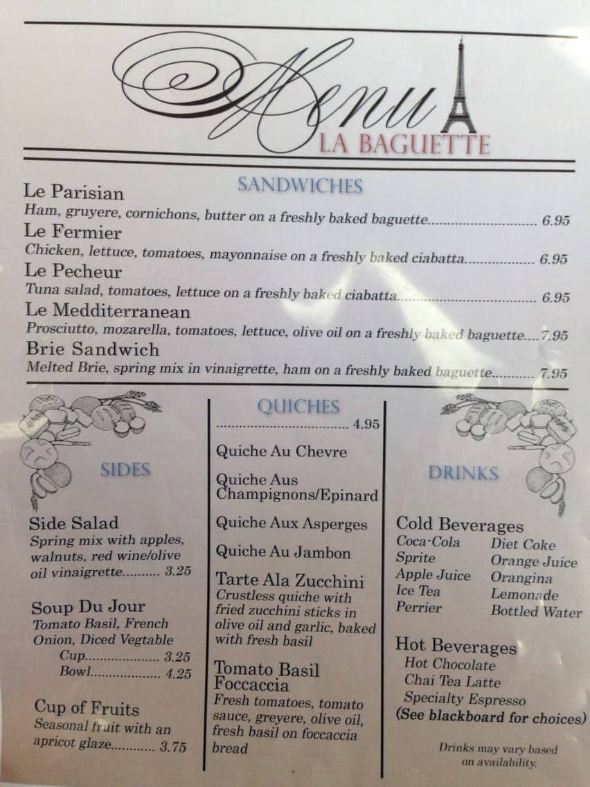 Menu at La Baguette cafe, Madison