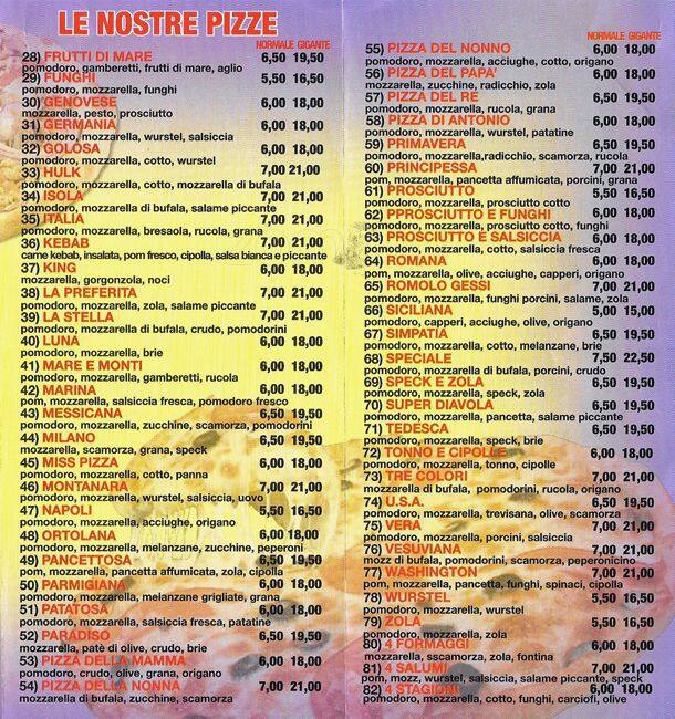 Menu au Pizzeria Madonnina, Milan, Via Romolo Gessi